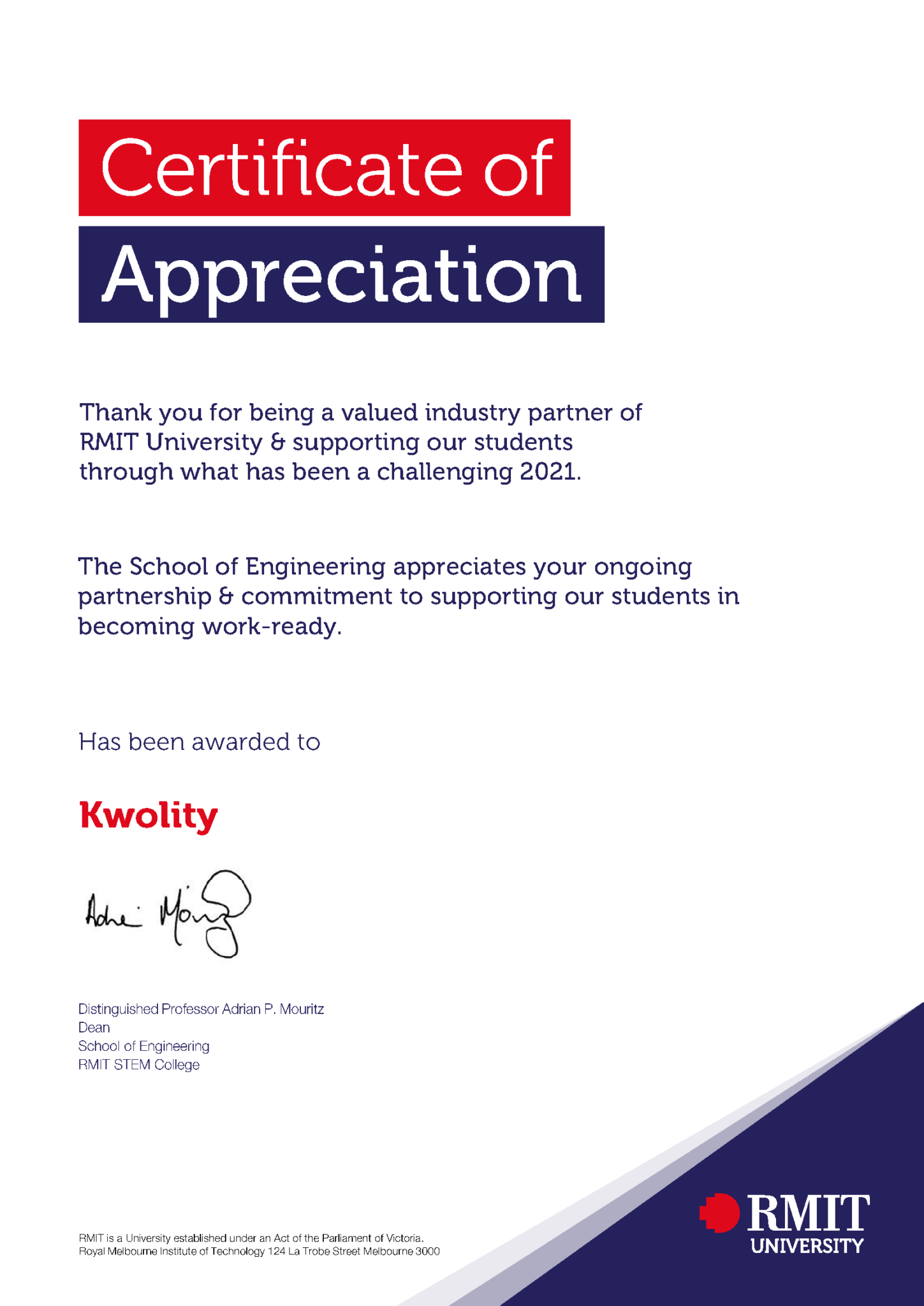 Kwolity receives Certificate of Appreciation from RMIT School of ...